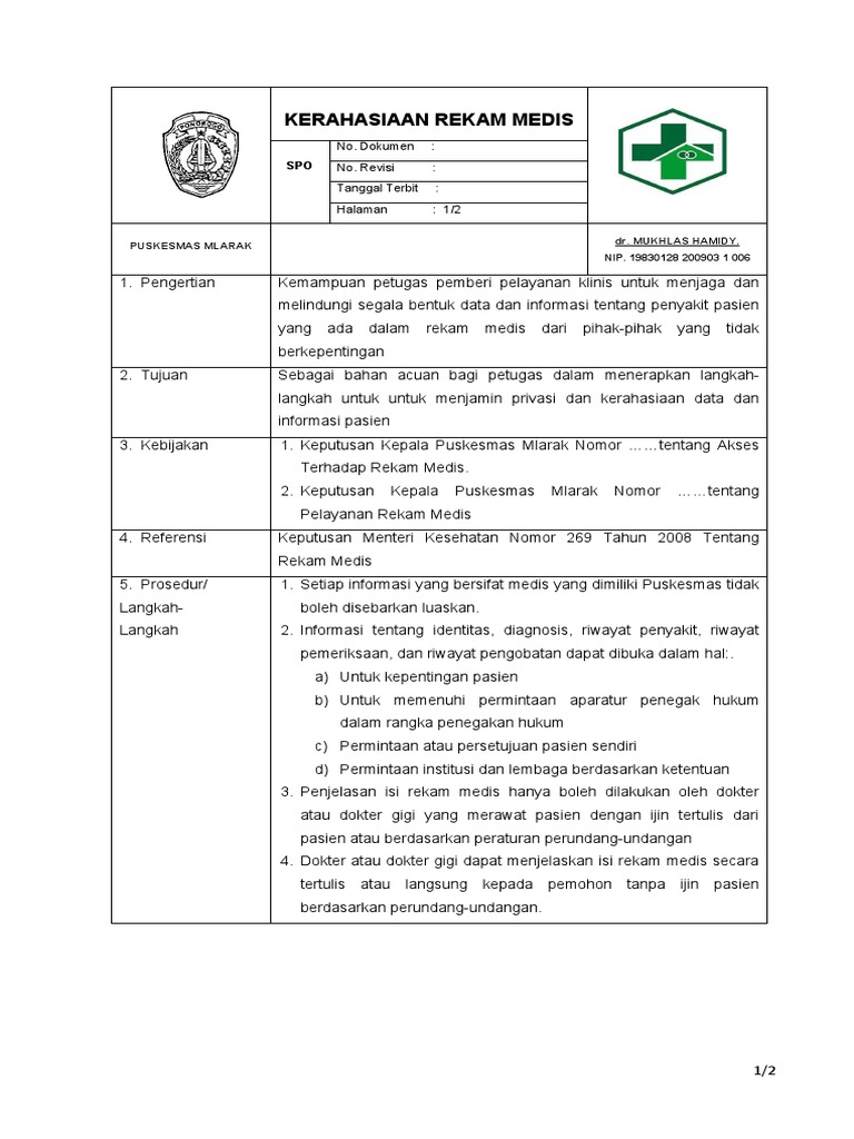 SOP Kerahasiaan Rekam Medis | PDF
