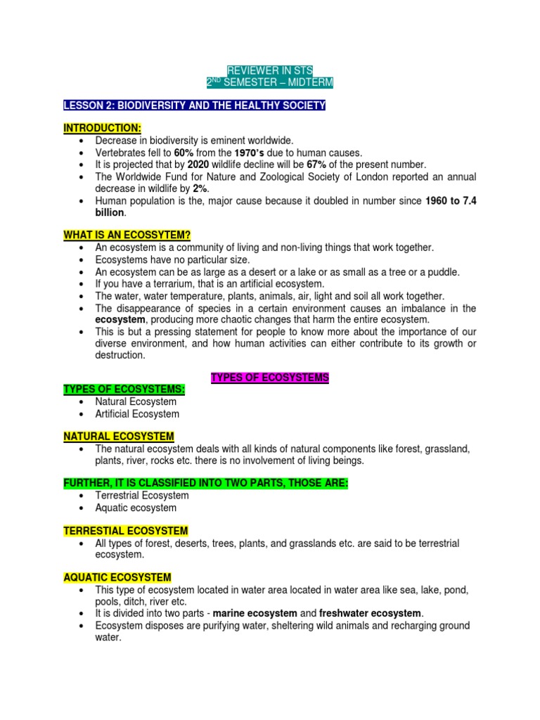 Lesson 2: Biodiversity and The Healthy Society: Reviewer in Sts 2 ...