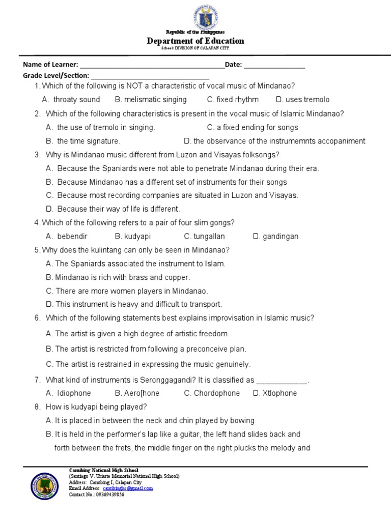 Music 7 q3 Summative Test | PDF | Guitars | String Instruments