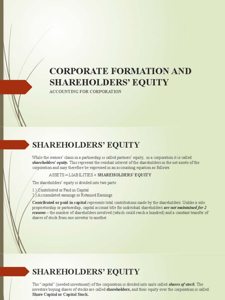 Corporate Formation and Shareholders' Equity | PDF | Stocks | Equity ...