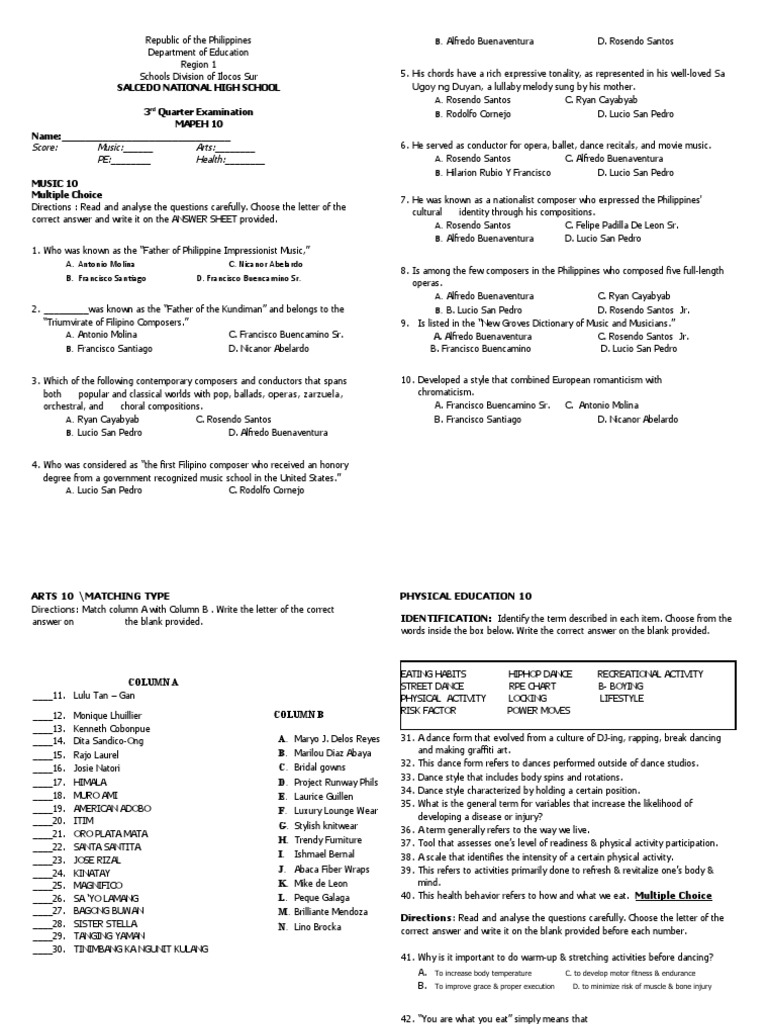 Q3 EXAM MAPEH10 No Answer Key | PDF | World Health Organization | Vaccines