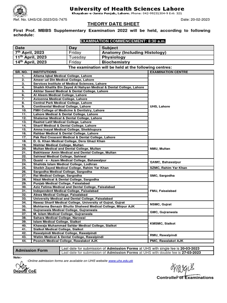 UHS Lahore MBBS Supplementary Exam Date Sheet 2023 | PDF | Lahore ...