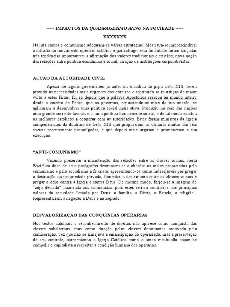 Impactos da Quadragésimo Anno na Sociedade | PDF | Religião e ...