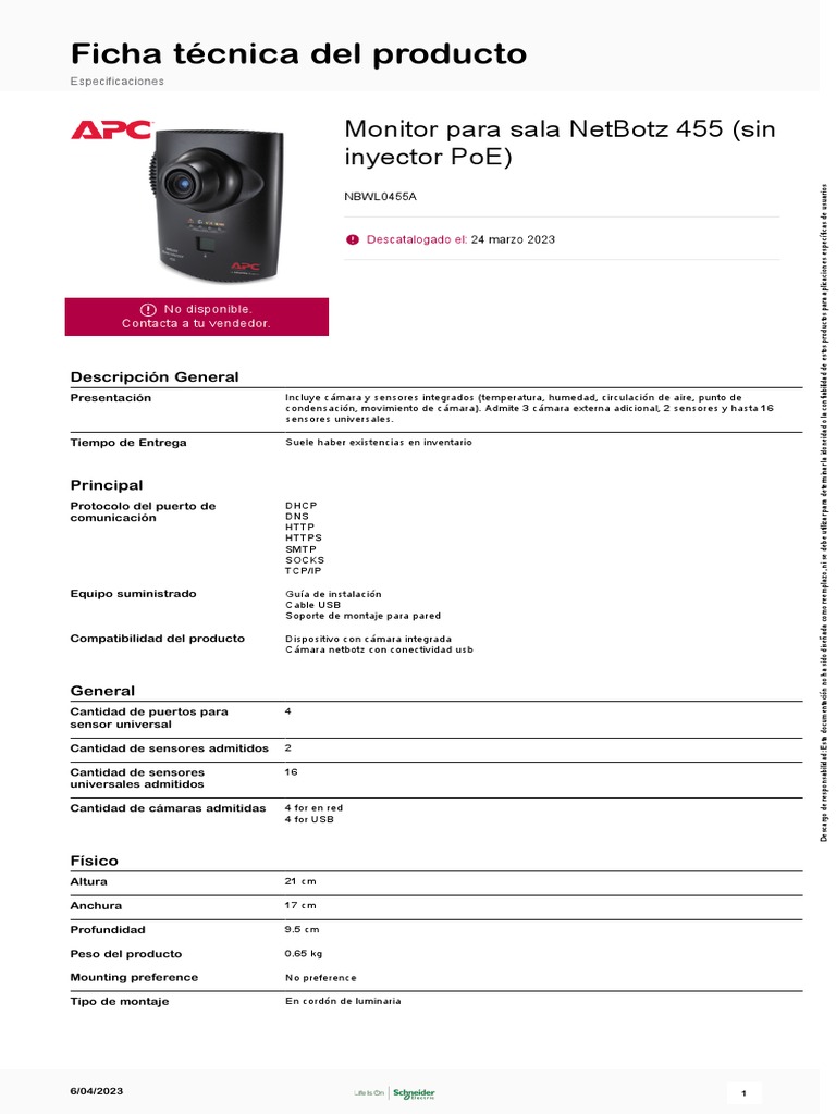 Monitor NetBotz 455: Especificaciones y Detalles | PDF | USB | Internet