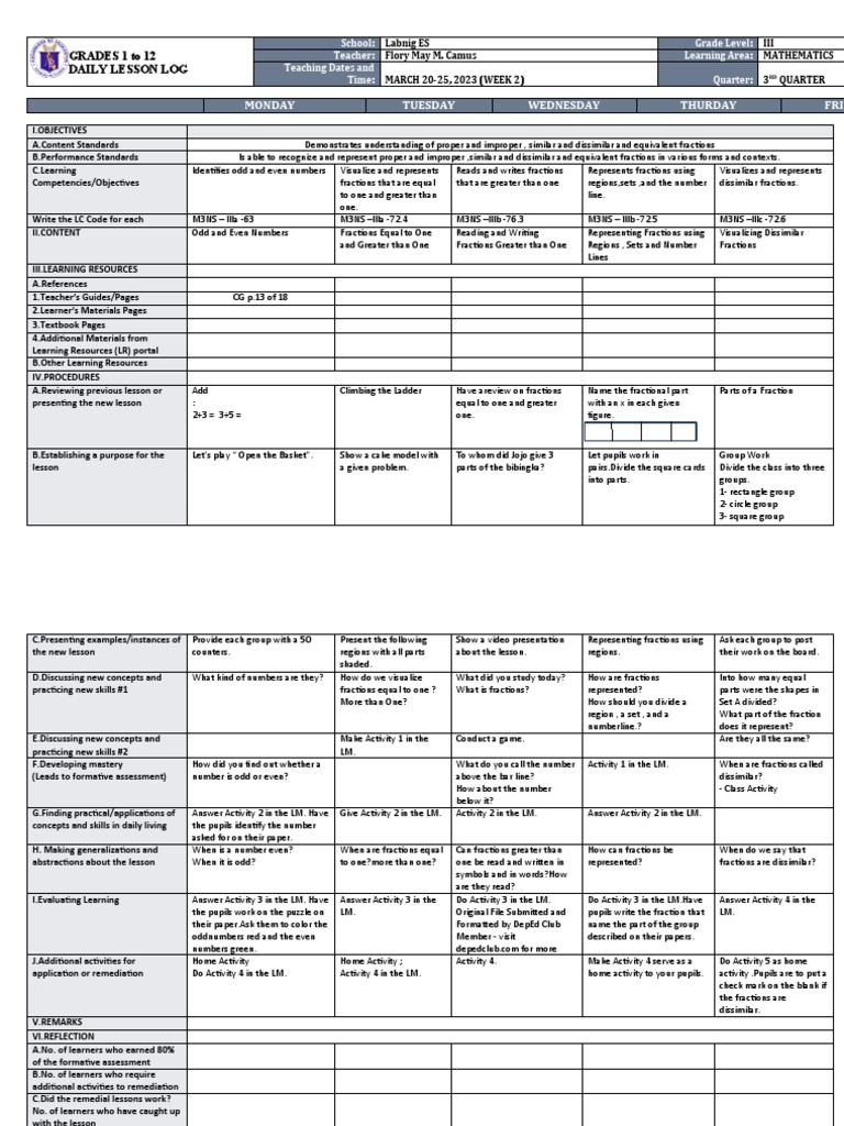 DLL - Mathematics 3 - Q3 - W2 | PDF | Cognition | Learning