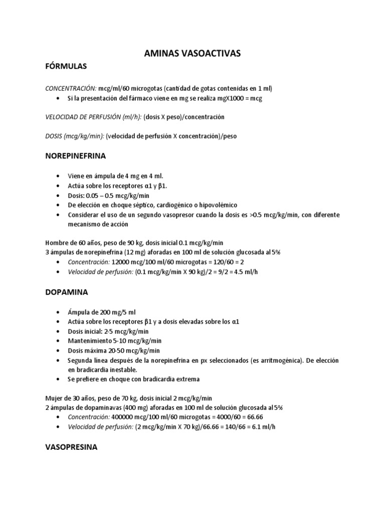 Cálculo de dosis y concentración de aminas vasoactivas en pacientes ...
