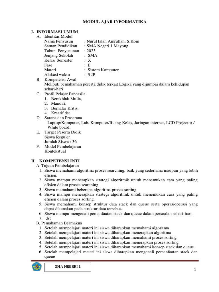 01.modul Ajar Informatika - BK 1 | PDF