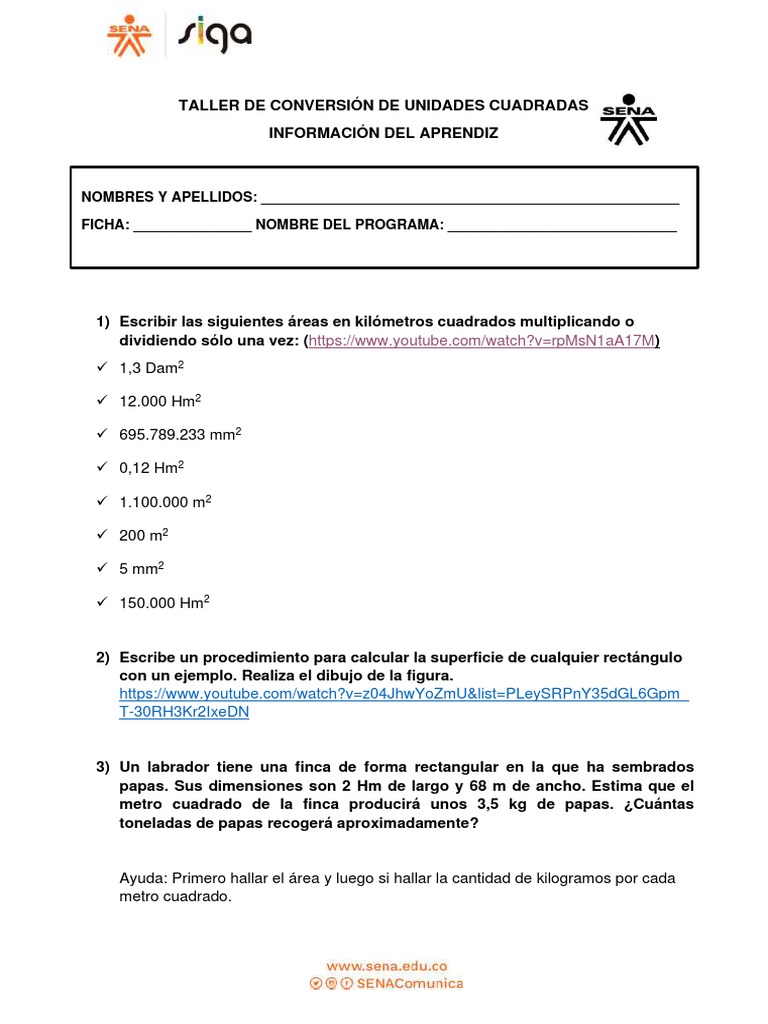 Taller de Conversión de Unidades Cuadradas Ayudas | PDF | Metrología ...