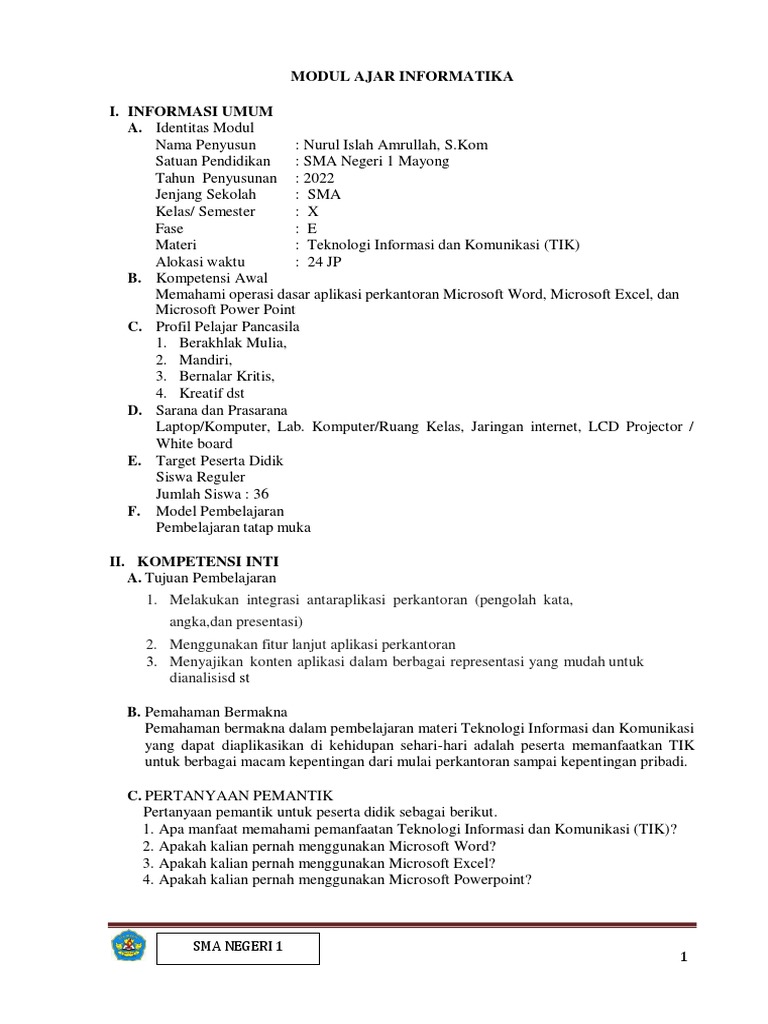02.modul Ajar Informatika - Tik 1 | PDF