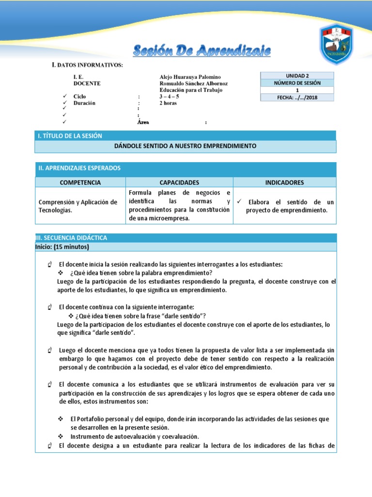 SESION E.P.T.426847126-388477687-Sesion-de-aprendizaje-EPT-pdf | PDF | Iniciativa empresarial ...