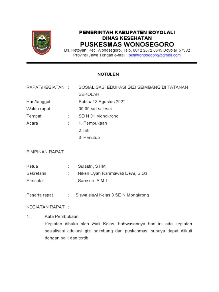 Notulen Edukasi Gizi Seimbang SD N 01 Mongkrong | PDF | Kesehatan Holistik | Gaya Hidup