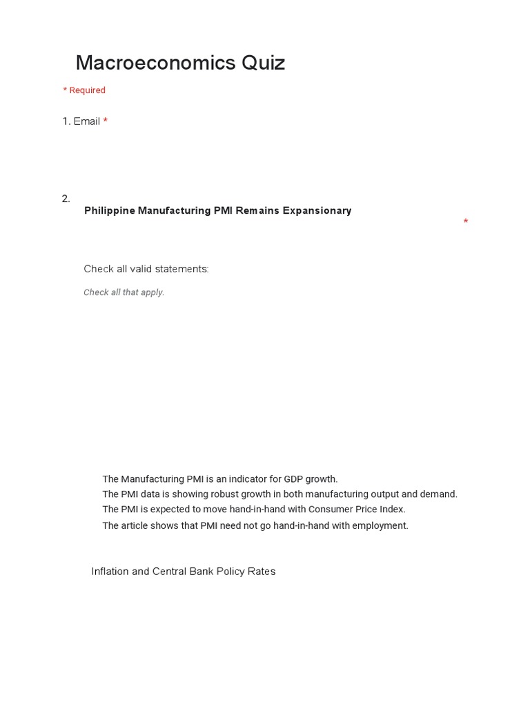 Macroeconomics Quiz on PMI and Inflation | PDF | Inflation | Investing