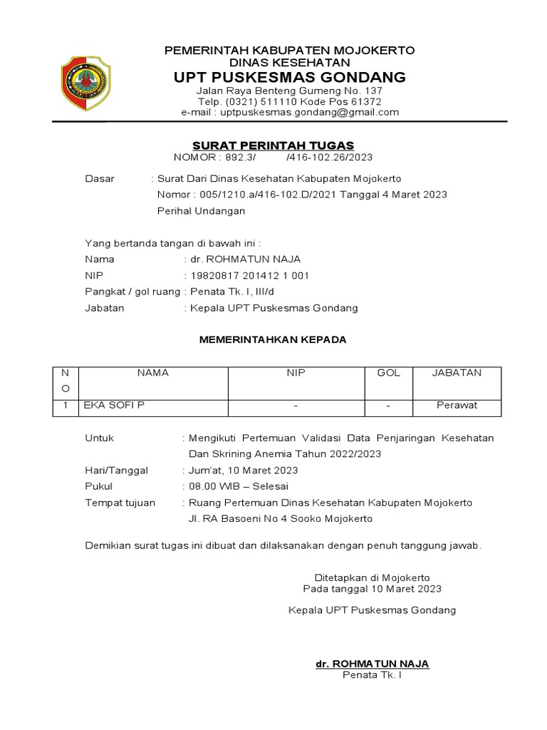 Surat Tugas UPT Puskesmas Gondang | PDF