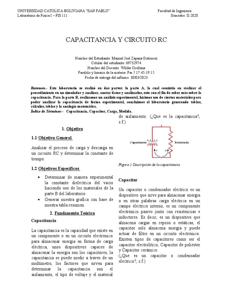Capacitancia Y Circuito RC: 1. Objetivo 1.1 Objetivo General | Descargar gratis PDF ...