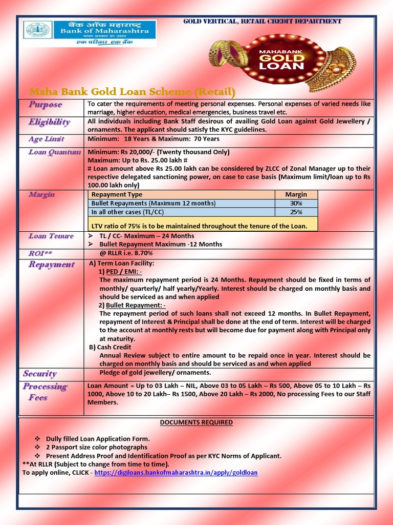 Maha Bank Gold Loan Scheme Details | PDF | Loans | Interest