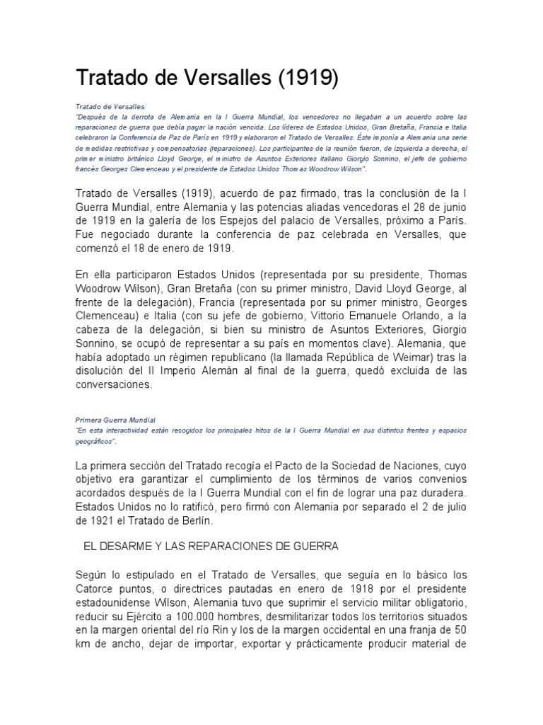 Tratado de Versalles | PDF | Tratado de Versalles | Primera Guerra Mundial