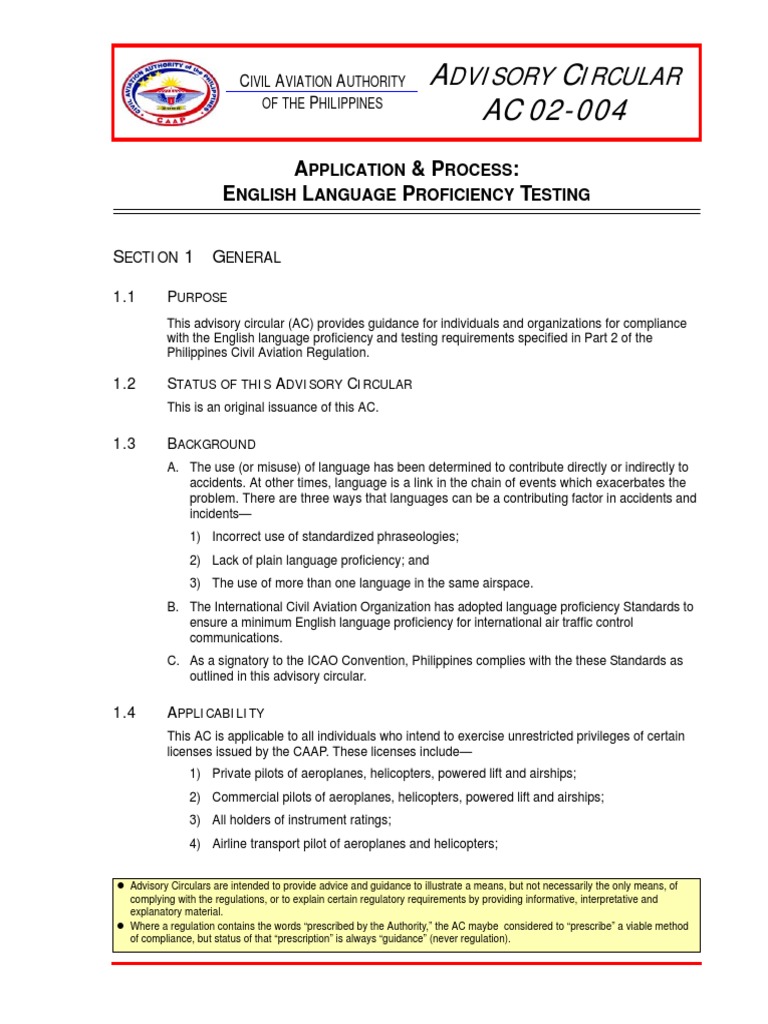 Ac 02-004 Language Proficiency Caap A2011 | PDF | Airport | Air Traffic Control