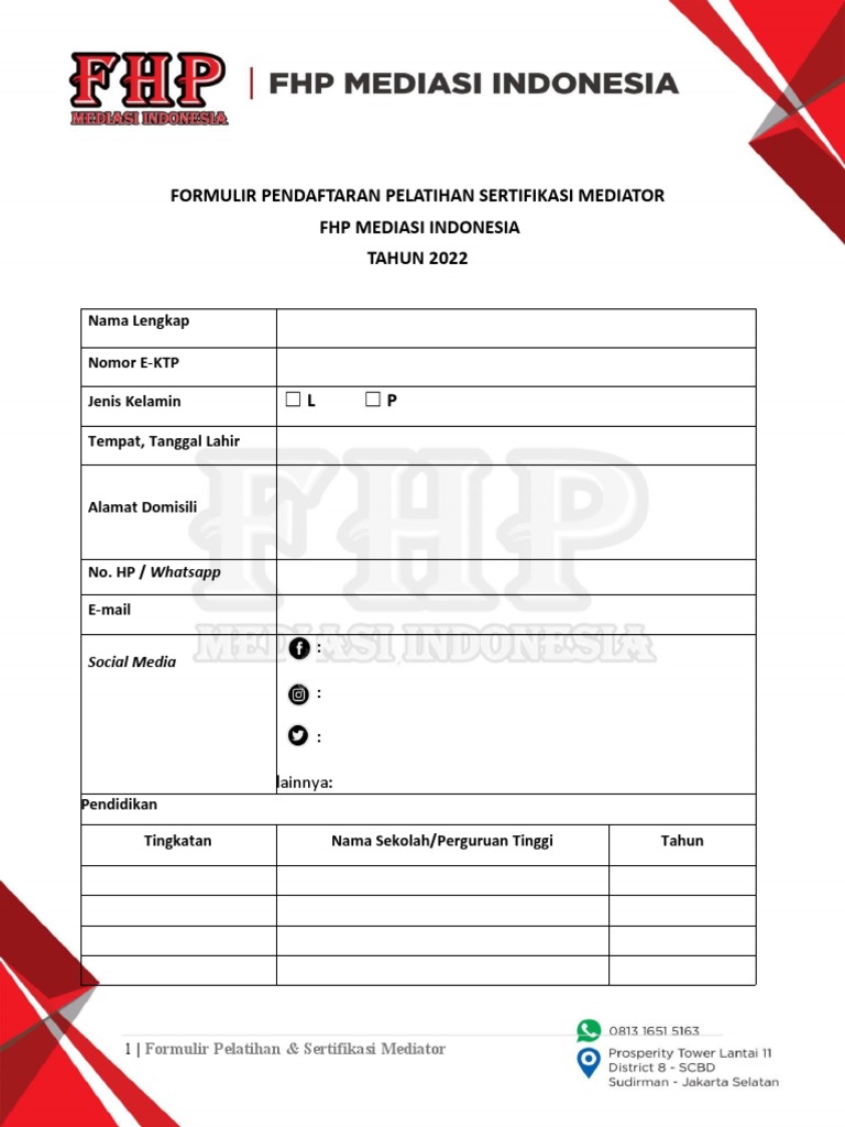 Form Pendaftaran Pelatihan Sertifikasi Mediator FHP Mediasi Ind - 2022 5 | PDF