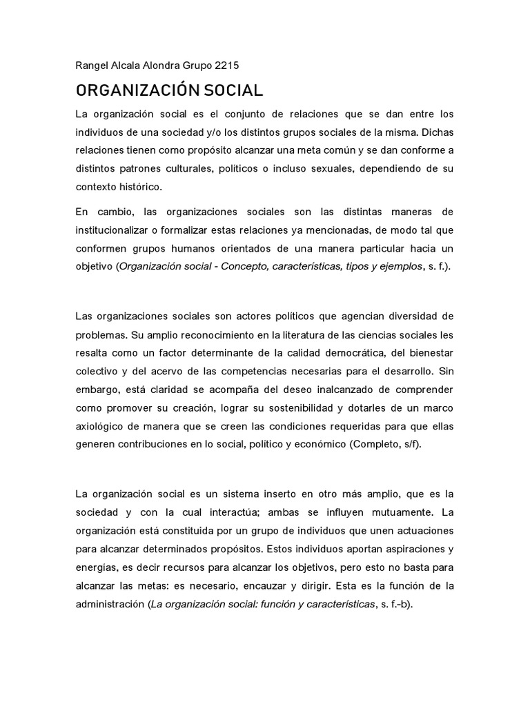 Definición Organización Social | PDF | Sociedad | Planificación