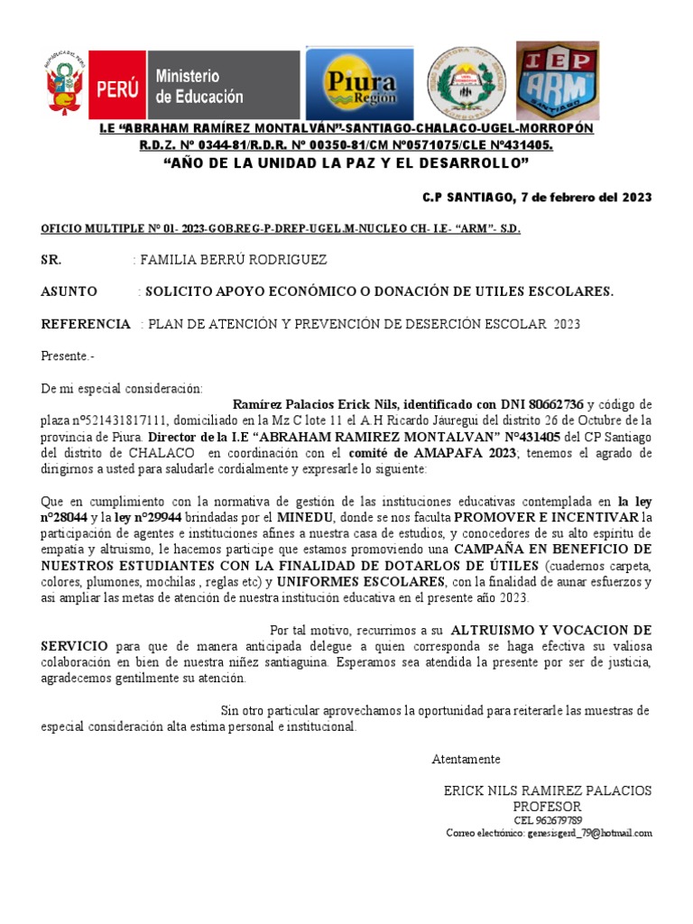Oficio Multiple Para Gestionar Apoyo Con Materiales Educativos Del Año
