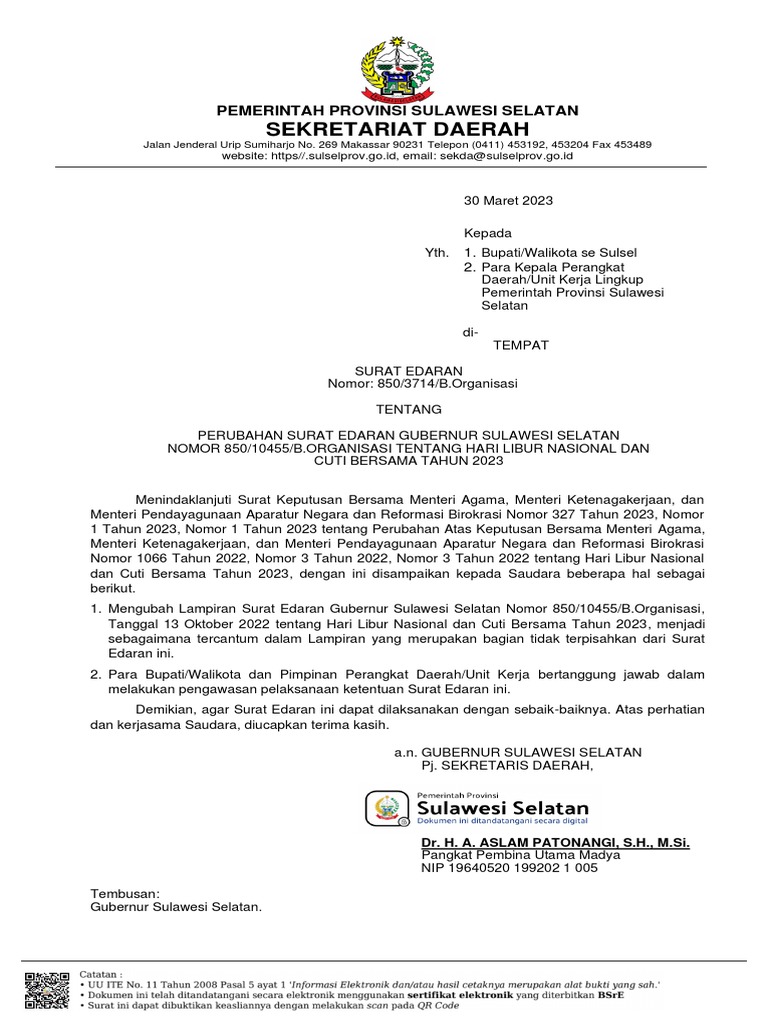 Perubahan Surat Edaran Hari Libur Nasional Dan Cuti Bersama | PDF