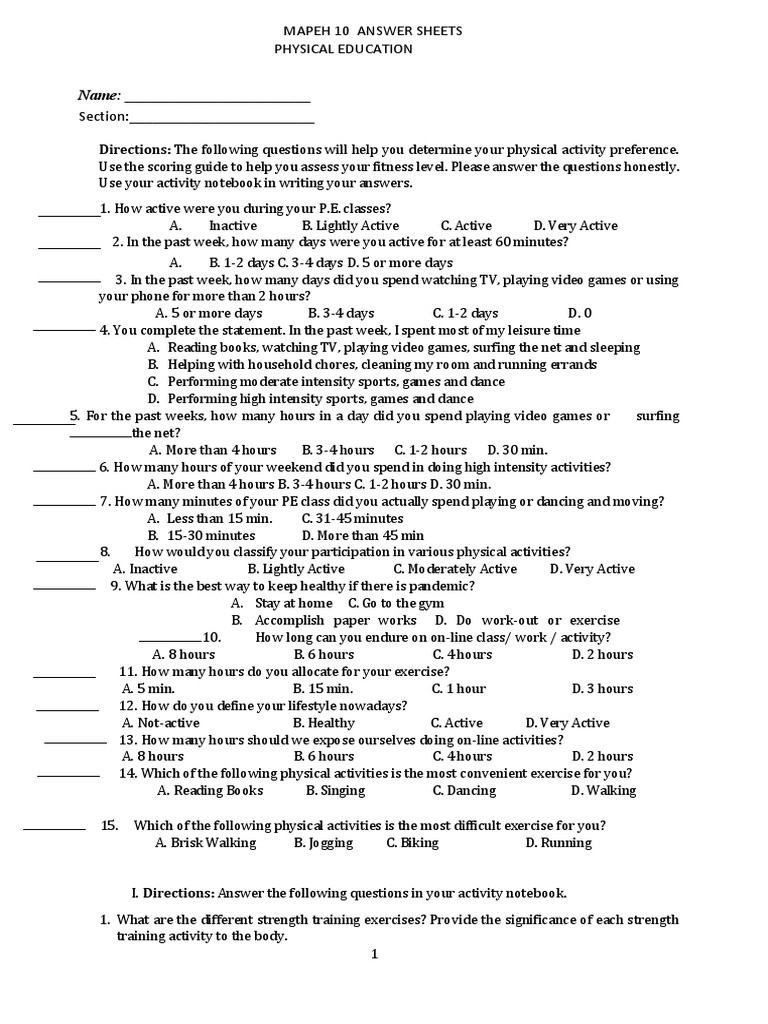 Answer Sheets Pe | PDF | Asana | Physical Exercise