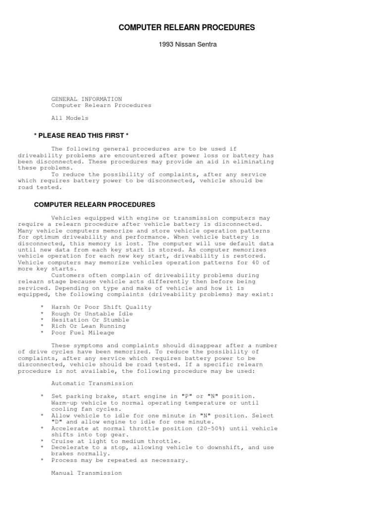 Nissan Sentra Computer Relearn Guide | PDF | Vehicles | Manual Transmission