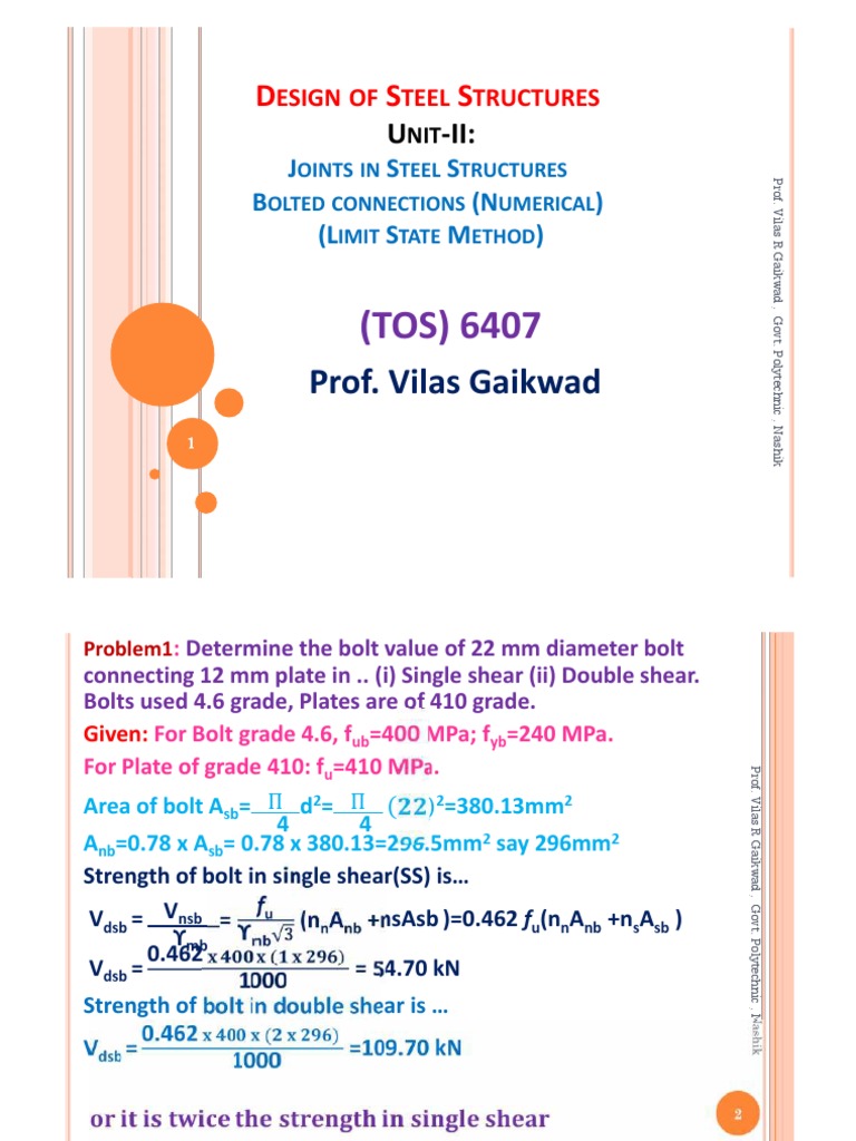 DSS - Unit - II - Bolted Connection (Numerical) | PDF | Screw | Applied ...