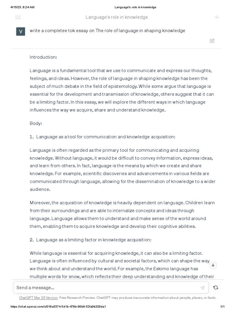 Language's Role in Knowledge TOK by Chat GPT | PDF | Knowledge | Idea