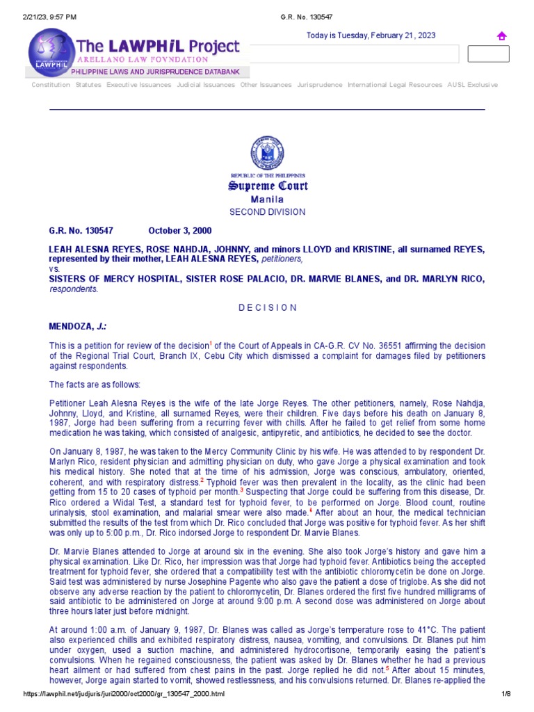 G.R. No. 130547 REYES VS ISTER S OF MERCY | PDF | Physician | Negligence