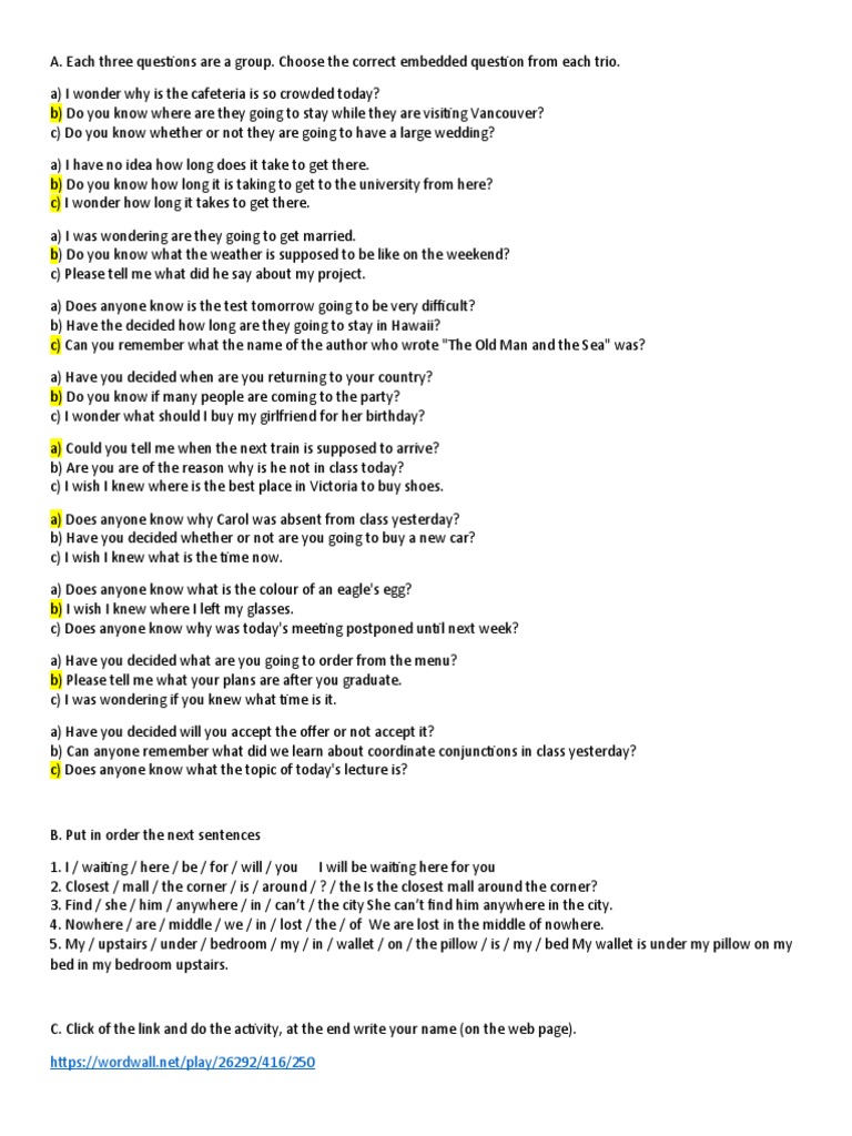 Embedded questions grammar practice test | PDF