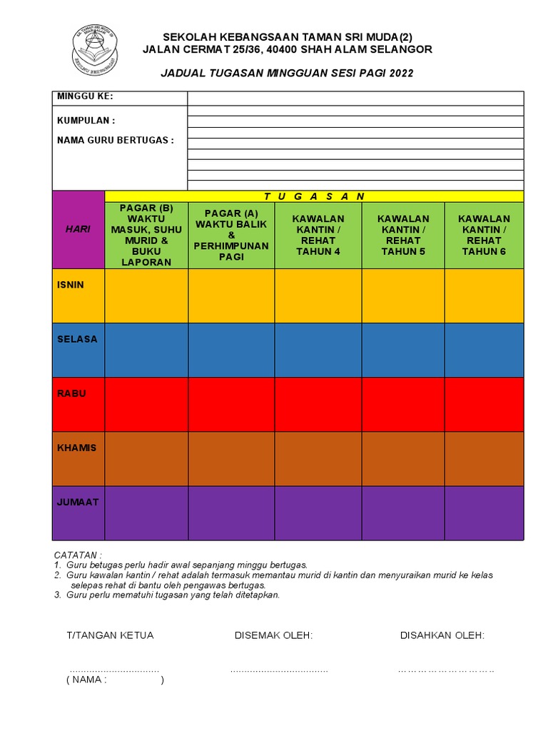 Borang Jadual Bertugas Mingguan | PDF