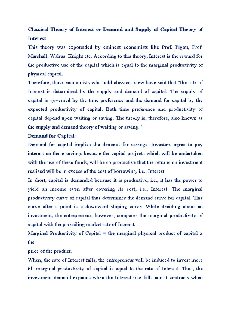 Classical Theory of Interest or Demand and Supply of Capital Theory of ...