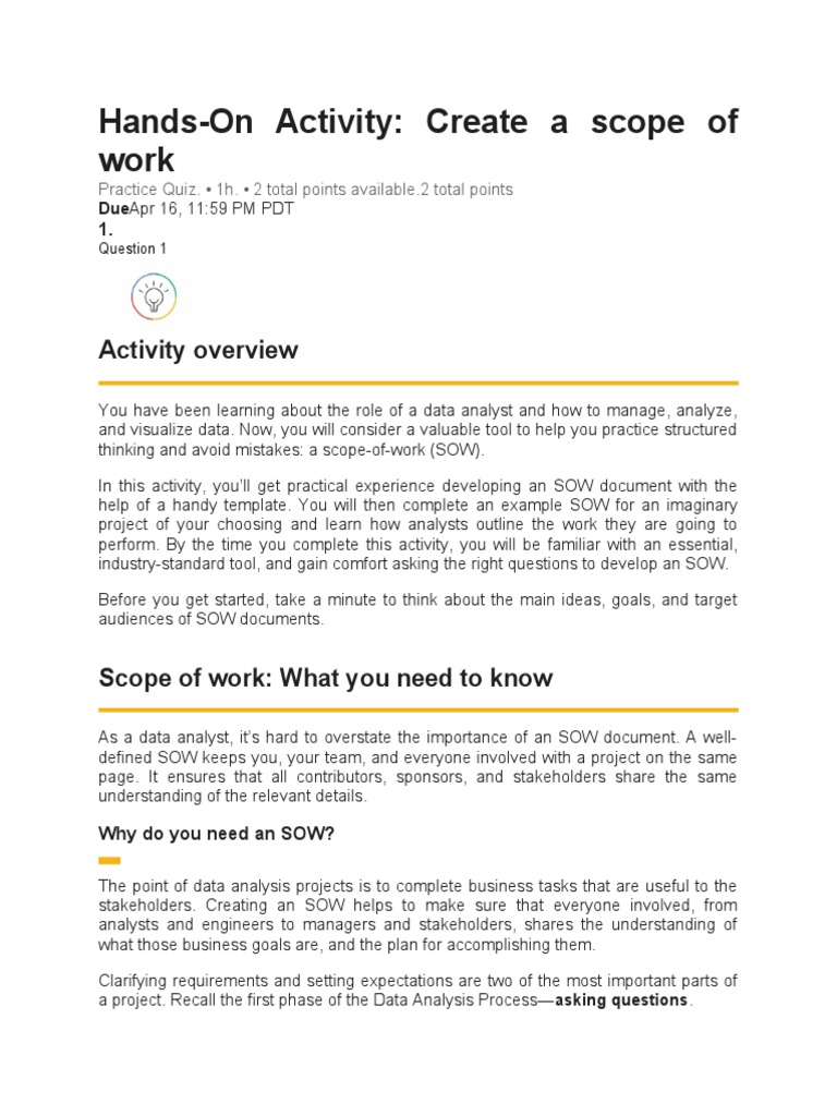 Hands-On Activity: Create A Scope of Work | PDF | Data Analysis | Question