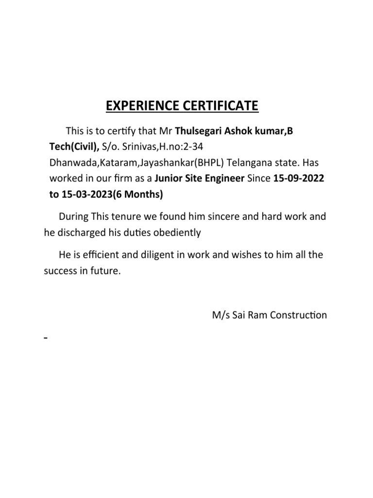 Civil Engineer Experience Certificate | PDF