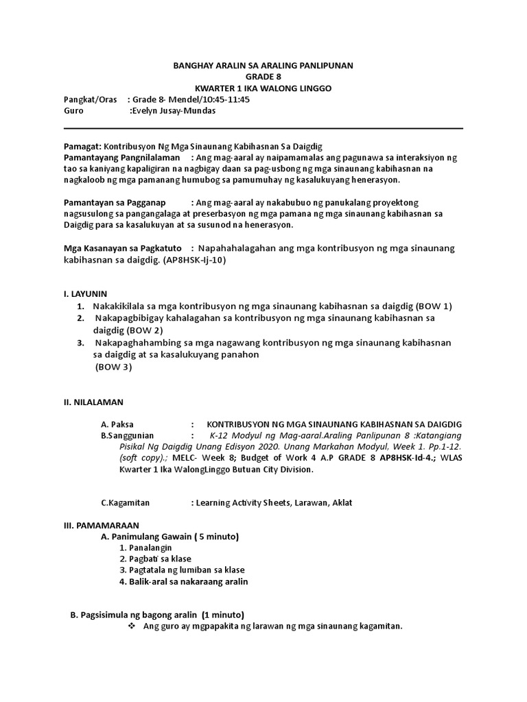 Lesson Plan A.p.grade 8 WK 8 | PDF