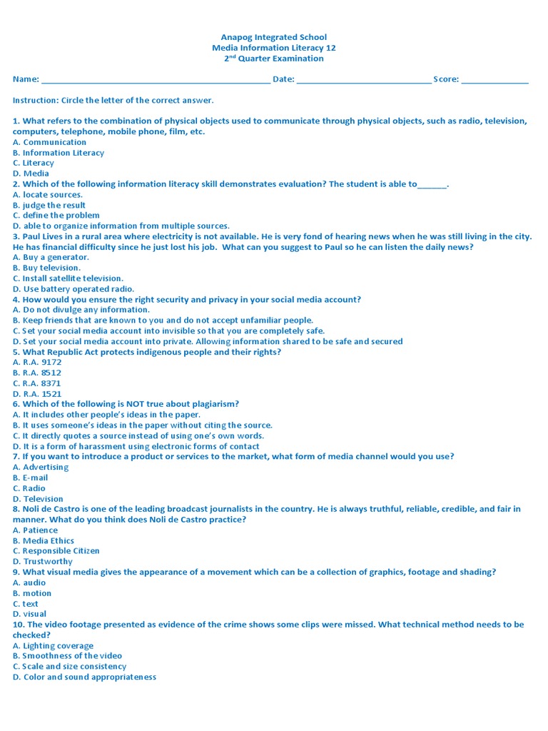 BLUE Media Information Literacy G12 2nd Q Exam With Answer Key | PDF | Mass Media | Advertising