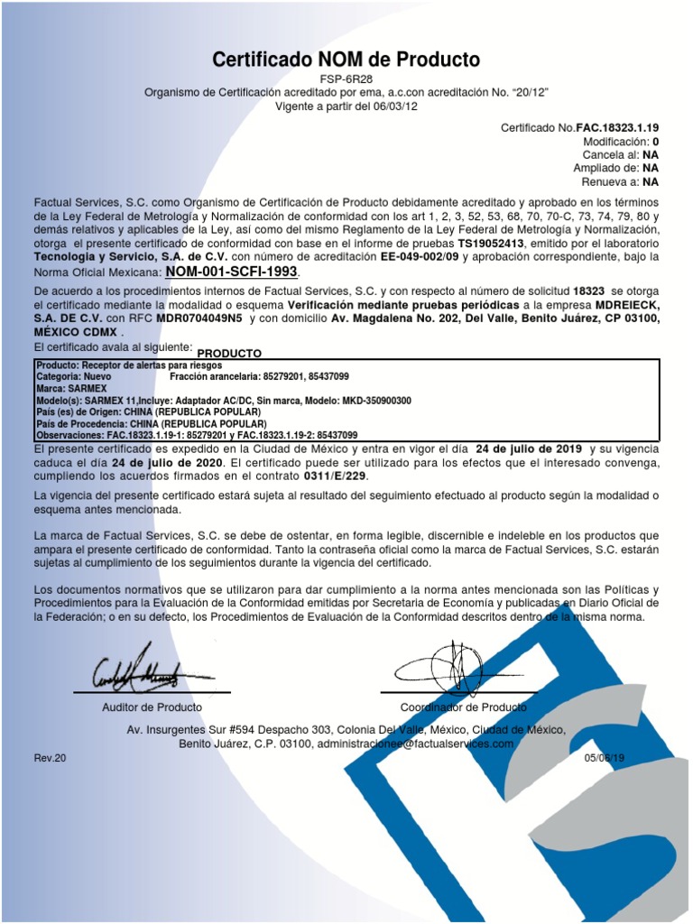 Certificado NOM de Producto | Descargar gratis PDF | México | Ciudad de ...
