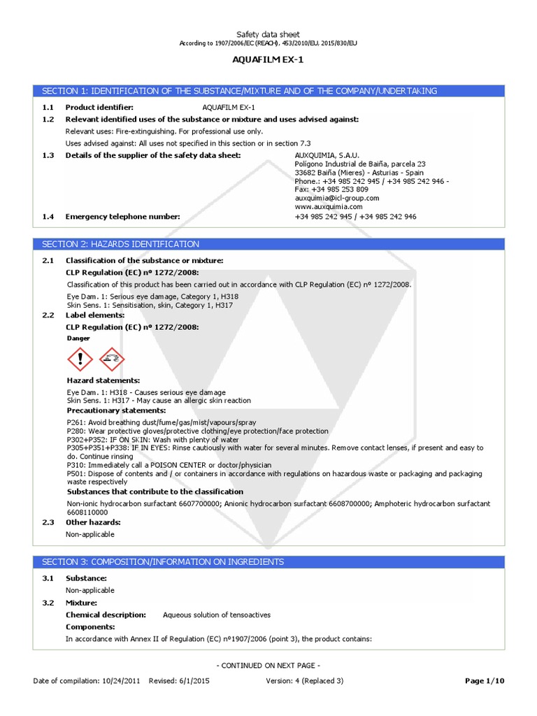 S - Fatfire - Msds Foam Aquafilm Ex 1 Desautel - en | PDF | Toxicity ...