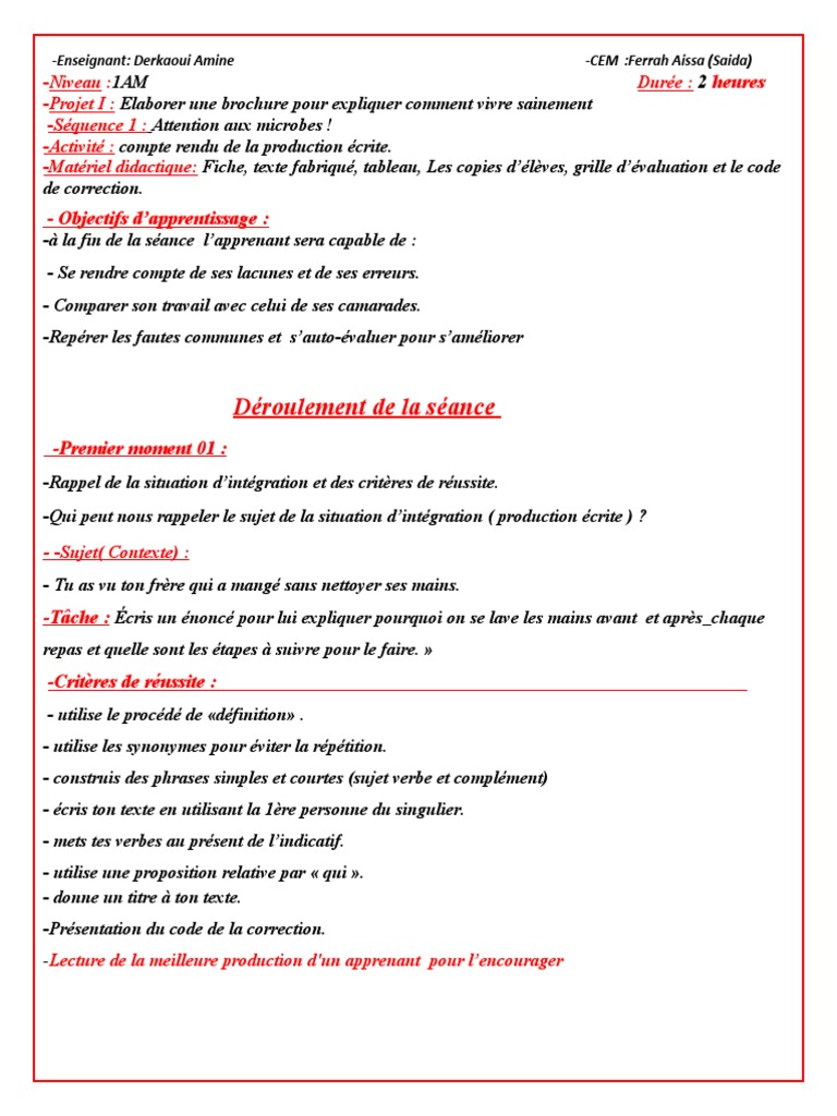 Production écrite : Lavage des mains 1AM | PDF | Hygiène des mains | Verbe