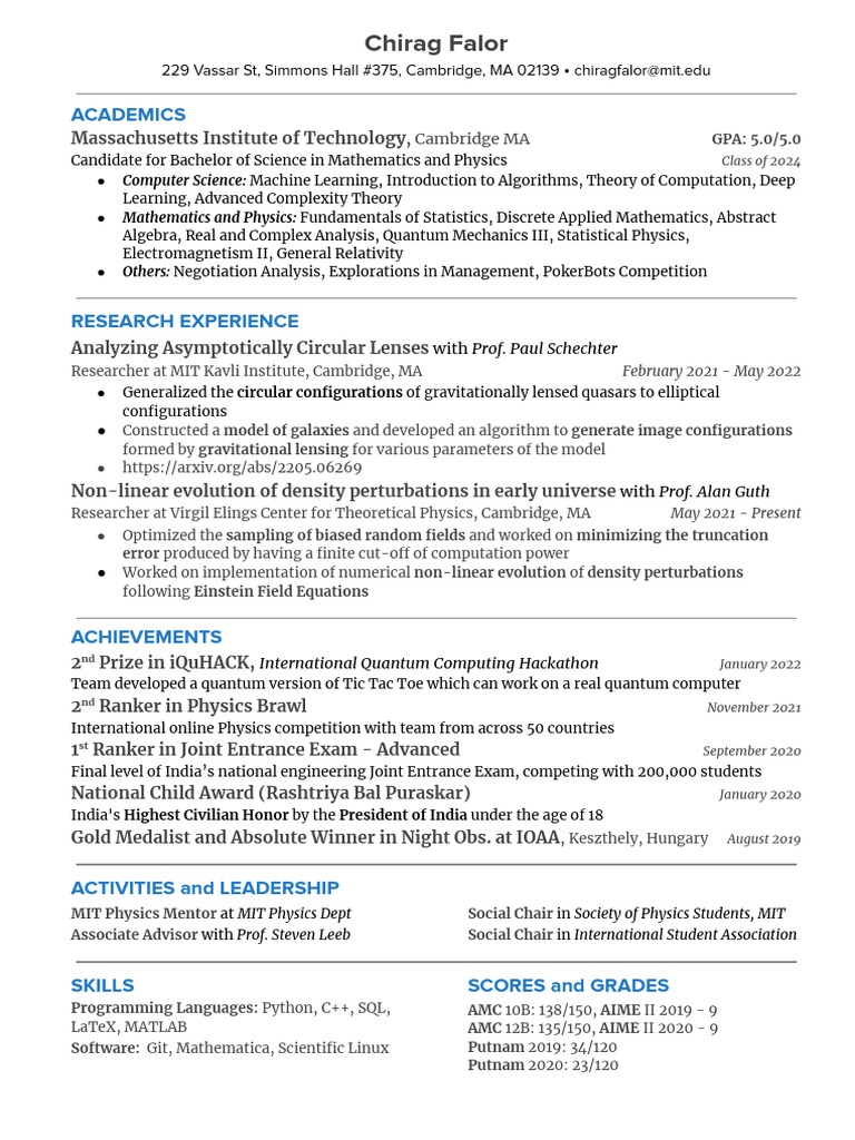 Chirag Falor's Resume Highlighting Accomplishments in Academics ...