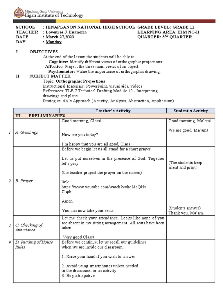 Lesson Plan 4 - OrthographicProjection | PDF | Drawing | Teachers
