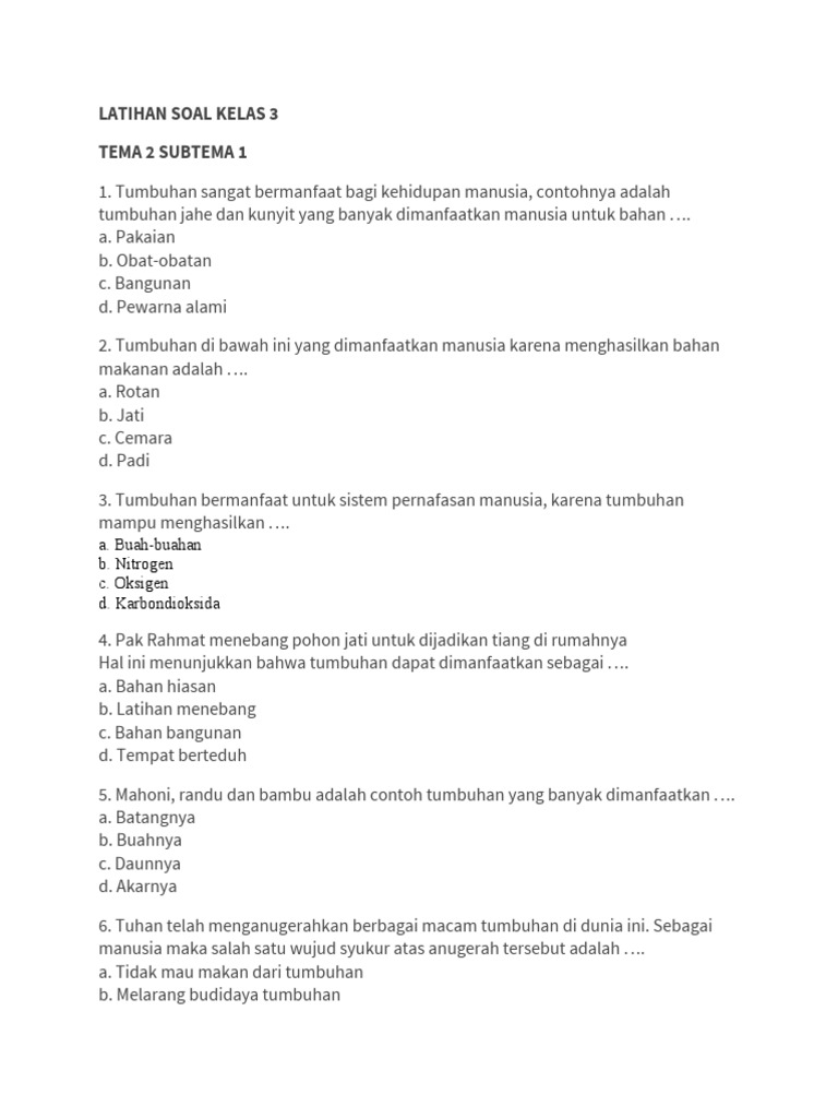 Soal Tema 2 Pel 1 Kelas 3 | PDF | Griya & Taman