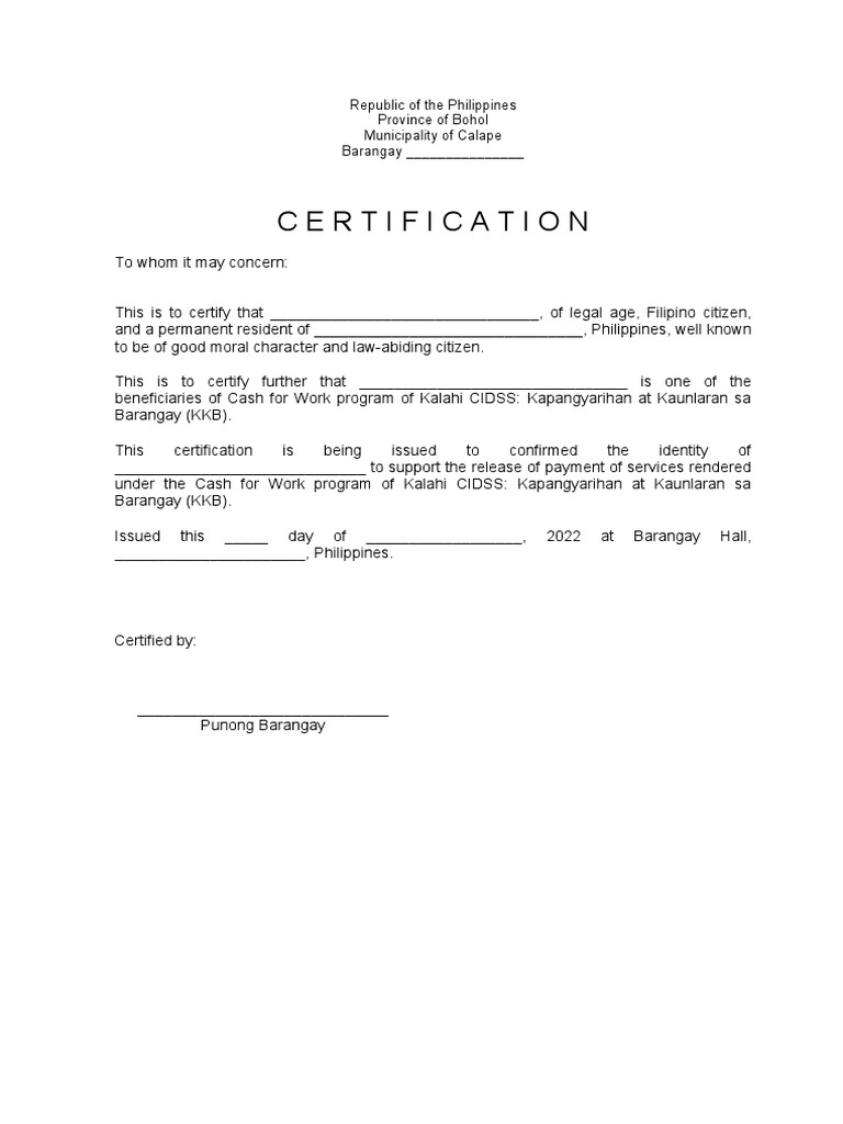 Barangay Certification of Identity | PDF
