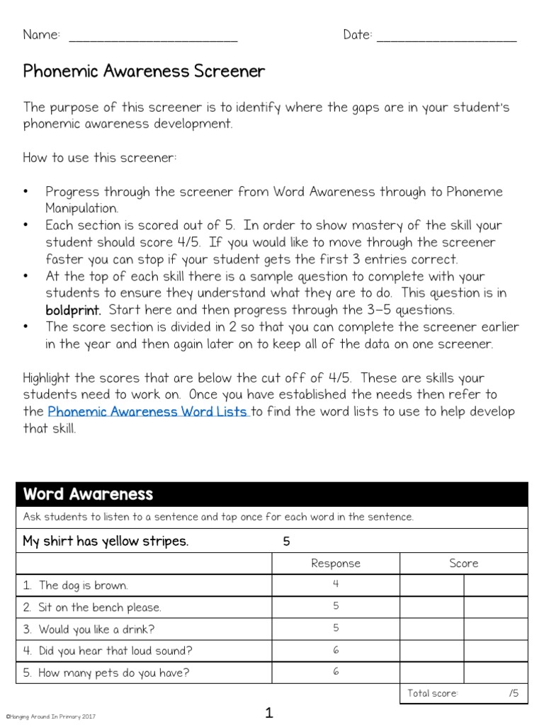 Free Phonemic Awareness Screener | PDF | Linguistics | Oral Communication