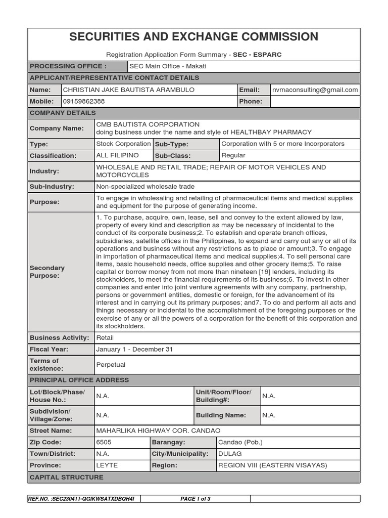 Application Summary Form (3) | PDF | U.S. Securities And Exchange ...