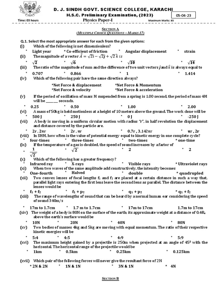 Physics Paper I Final | PDF | Velocity | Force