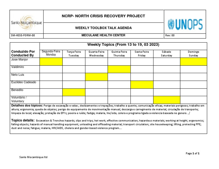 Weekly Toolbox Talk Agenda 01 | PDF