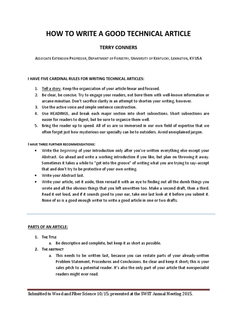Writing A Good Technical Article For Wood and Fiber Science 2015 ...