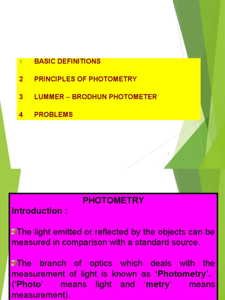 Basic Definitions 2 Principles of Photometry 3 Lummer - Brodhun ...